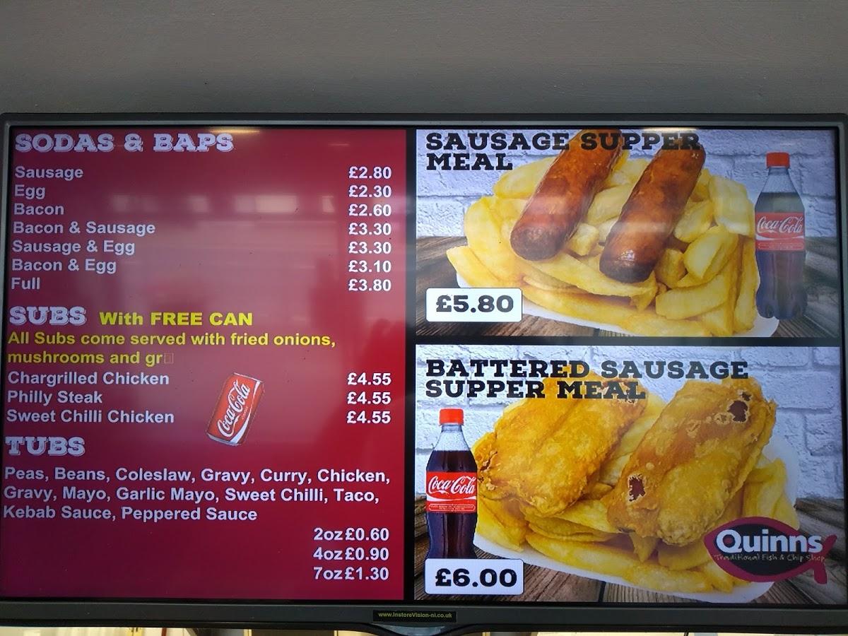 Menu at Quinn's fast food, Crossgar