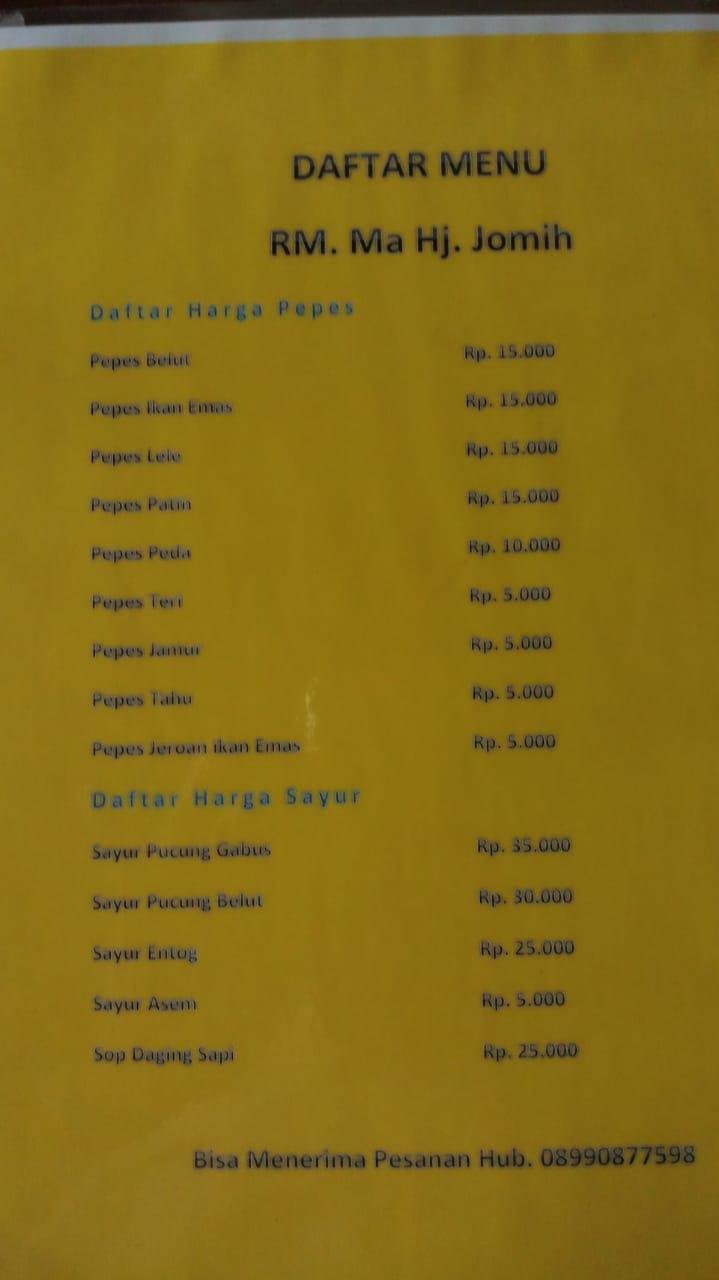 Menu at RM Ma Hj. Jomih (Masakan Sunda) restaurant, Bekasi Regency