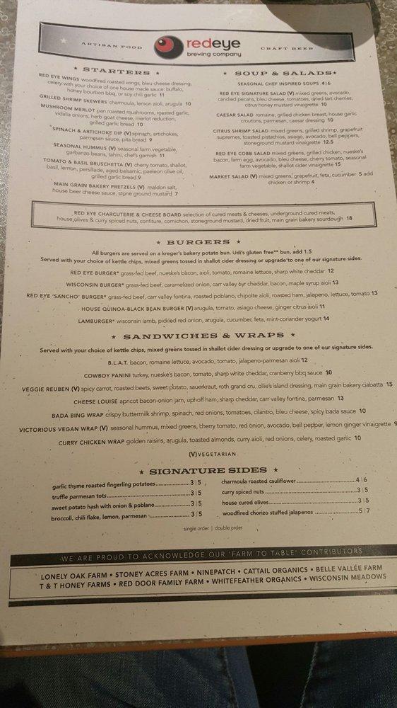 Menu at Red Eye Brewing Company pizzeria, Wausau