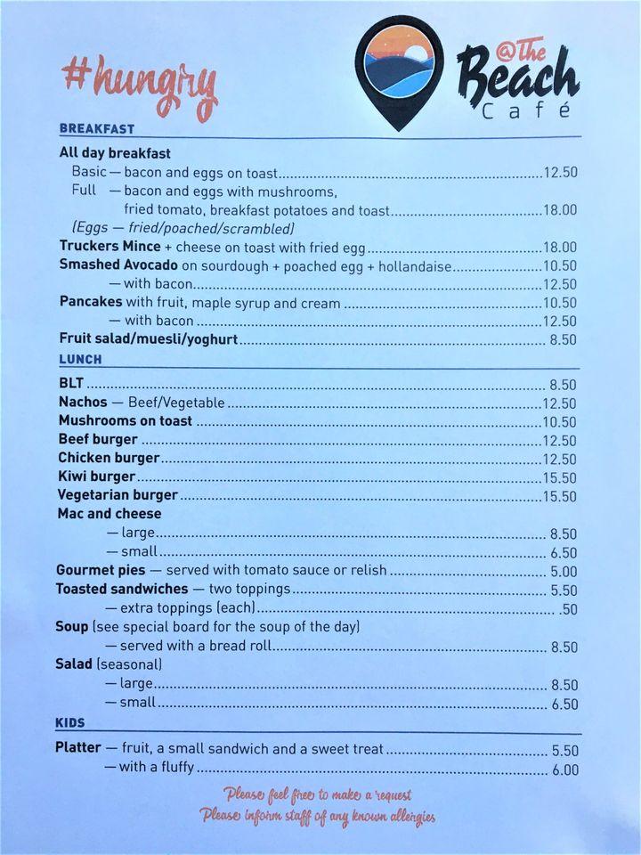 Menu at At The Beach Cafe, Waitarere Beach