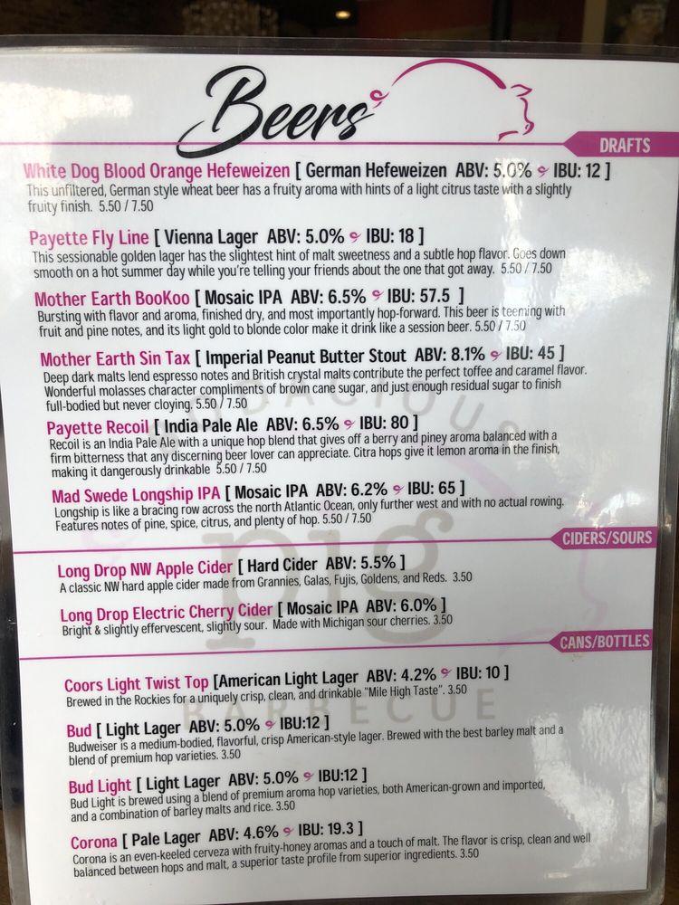 Menu at Bodacious Pig Barbecue, Eagle