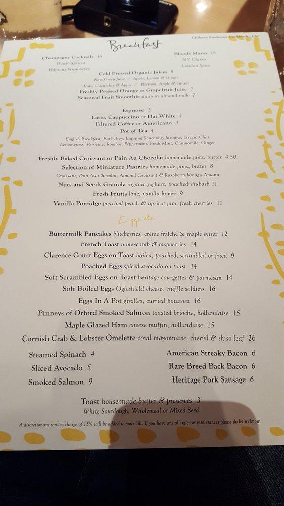 Menu at Chiltern Firehouse restaurant, London
