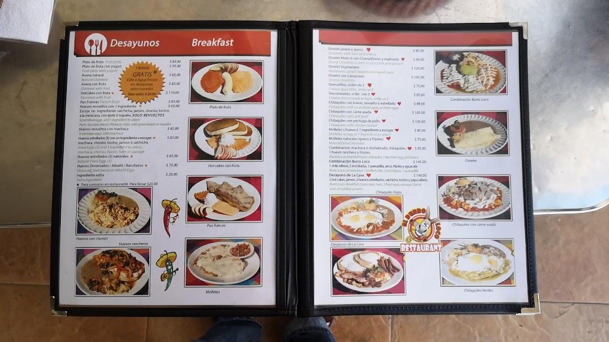 Menu at El Burro Loco restaurant, Cabo San Lucas, Carretera ...
