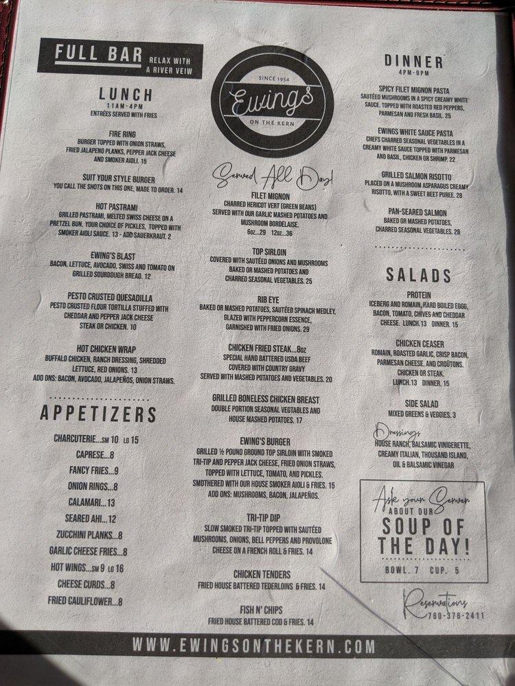Menu at Ewings on the Kern steakhouse, Kernville