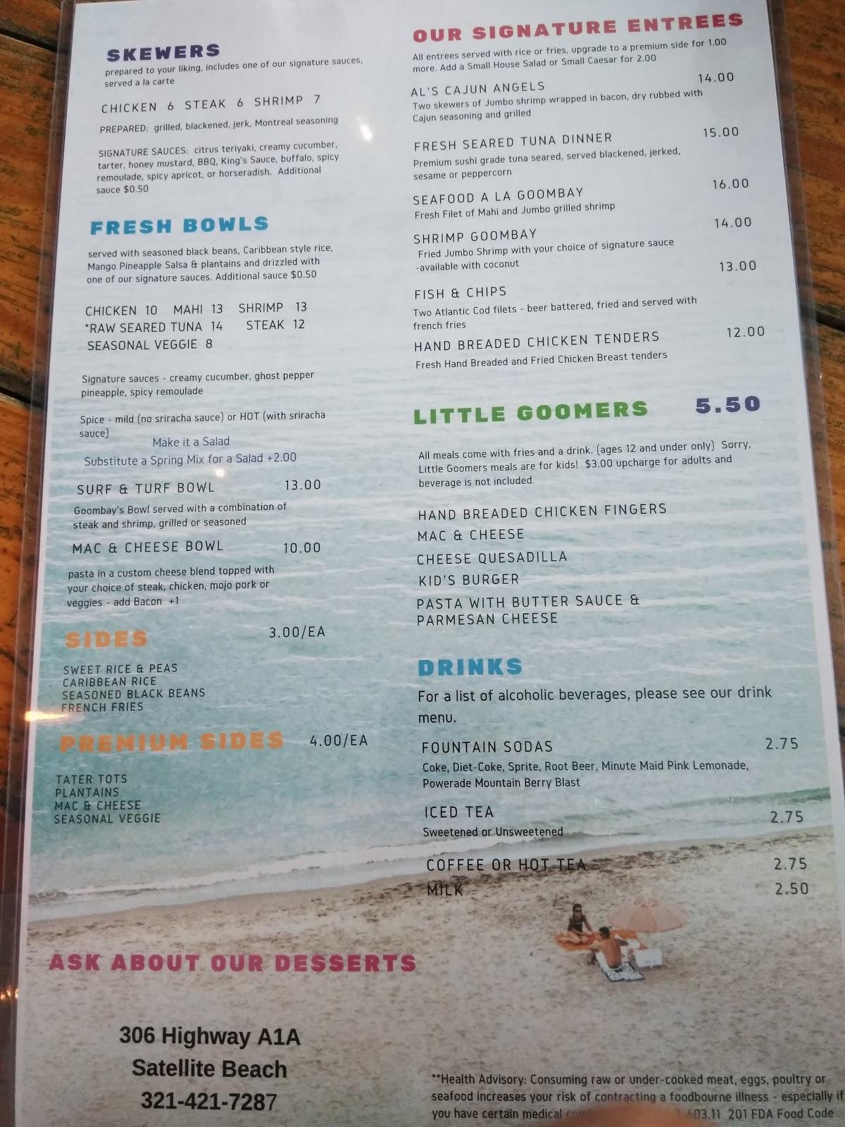 Menu at Goombay's Beachside restaurant, Satellite Beach