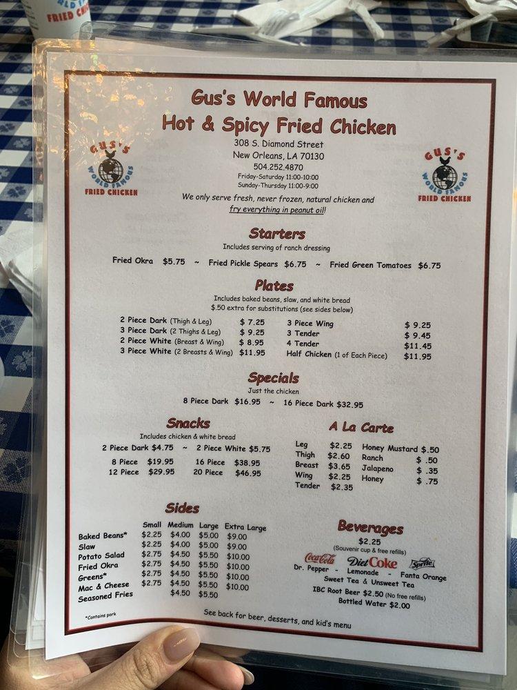 Menu at Gus’s World Famous Fried Chicken restaurant, New Orleans