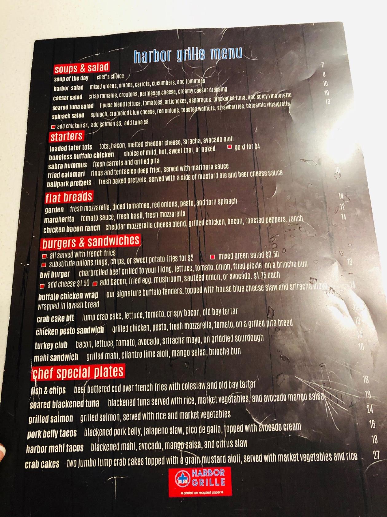 Menu at Harbor Grille pub & bar, Baltimore, POST SECURITY