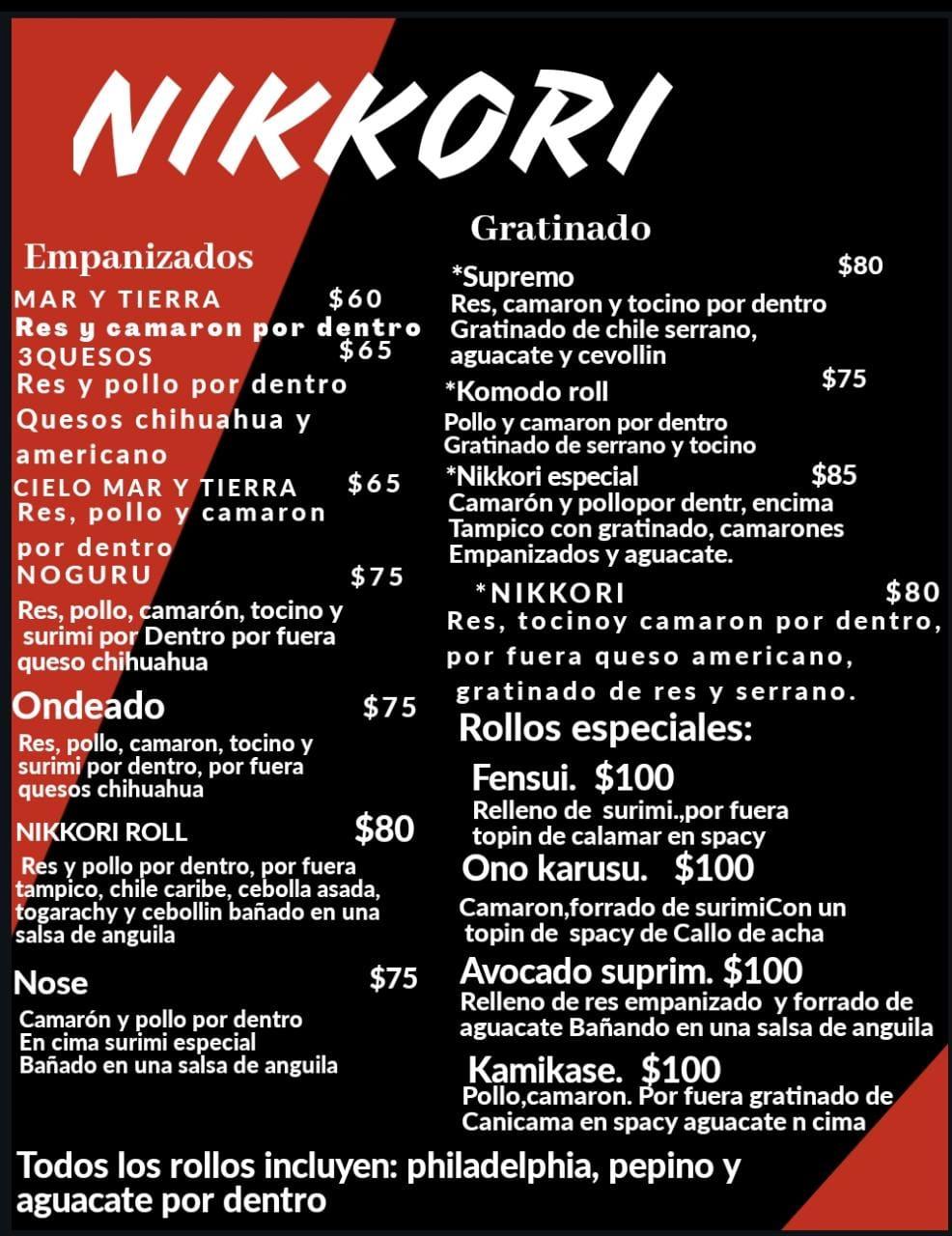 Menu at Nikkori sushi restaurant, Culiacán