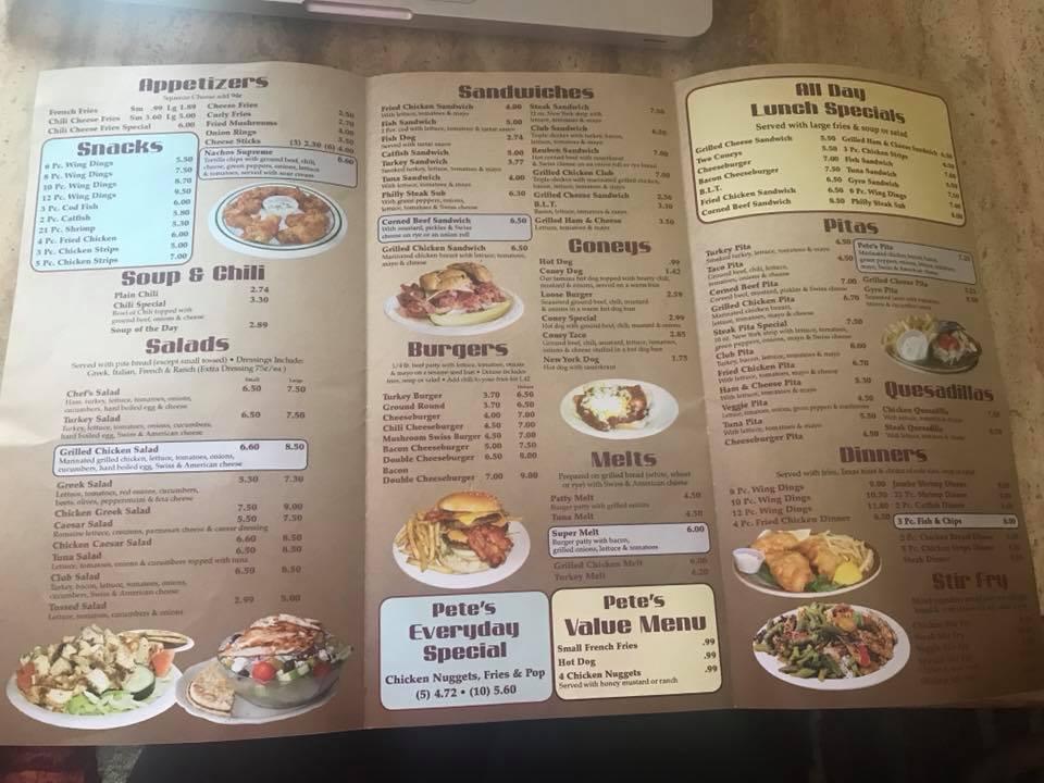 Menu at Pete's Grill restaurant, Detroit