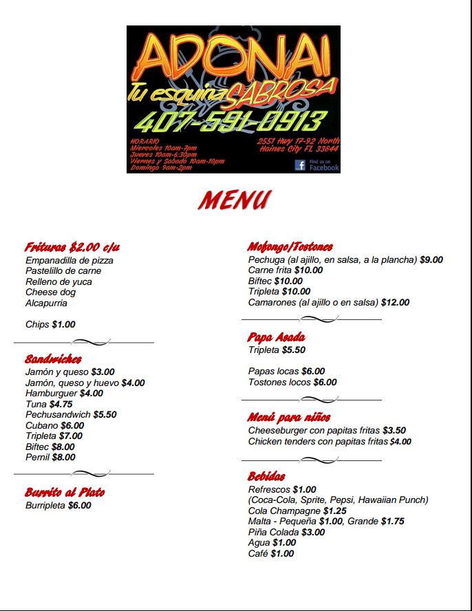 Menu at Tu Esquina Sabrosa restaurant, Haines City