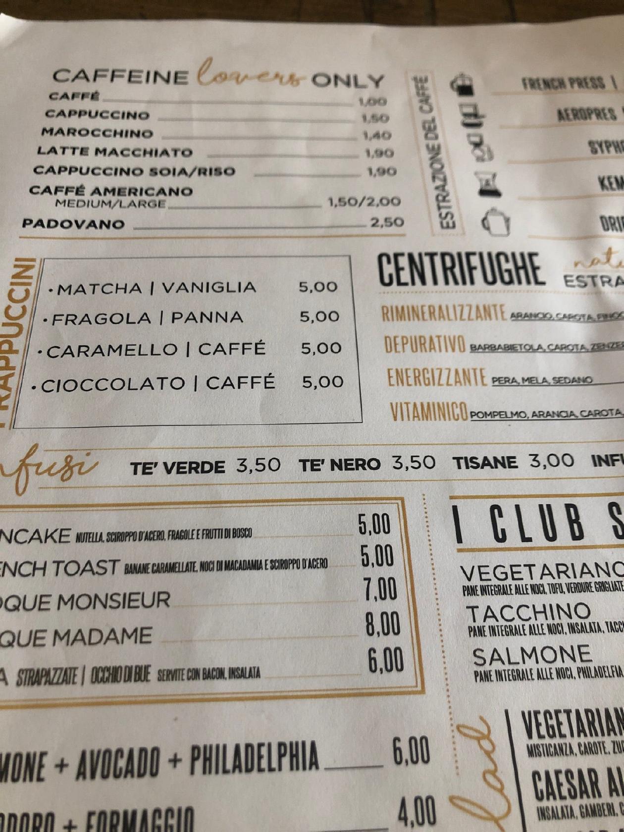 Speisekarte von Caffeine pub & Bar, Padua, Via Roma