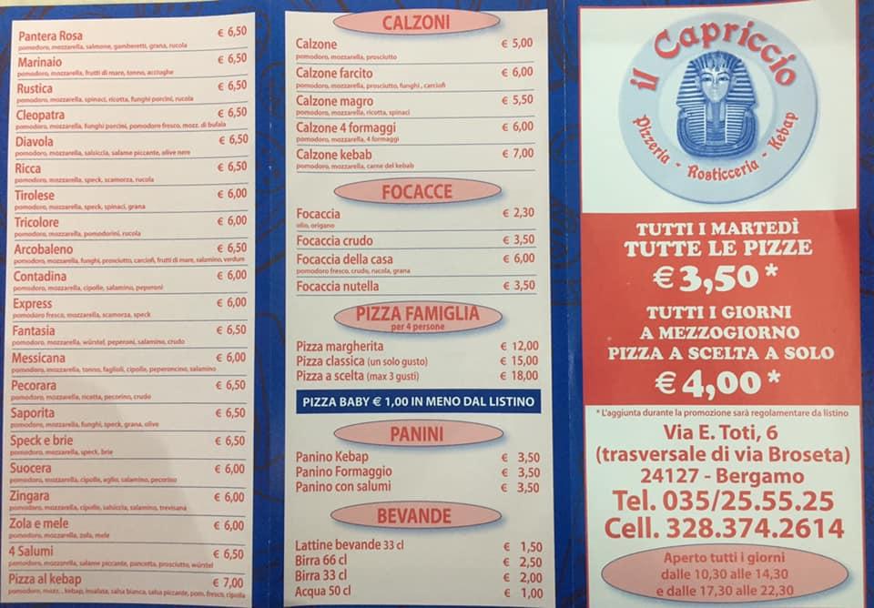Menu at Il Capriccio pizzeria, Bergamo