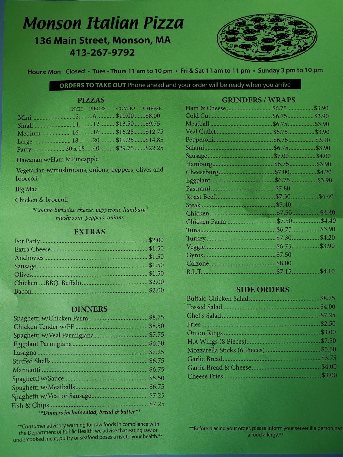 Menu at Monson Italian Pizzeria, Monson