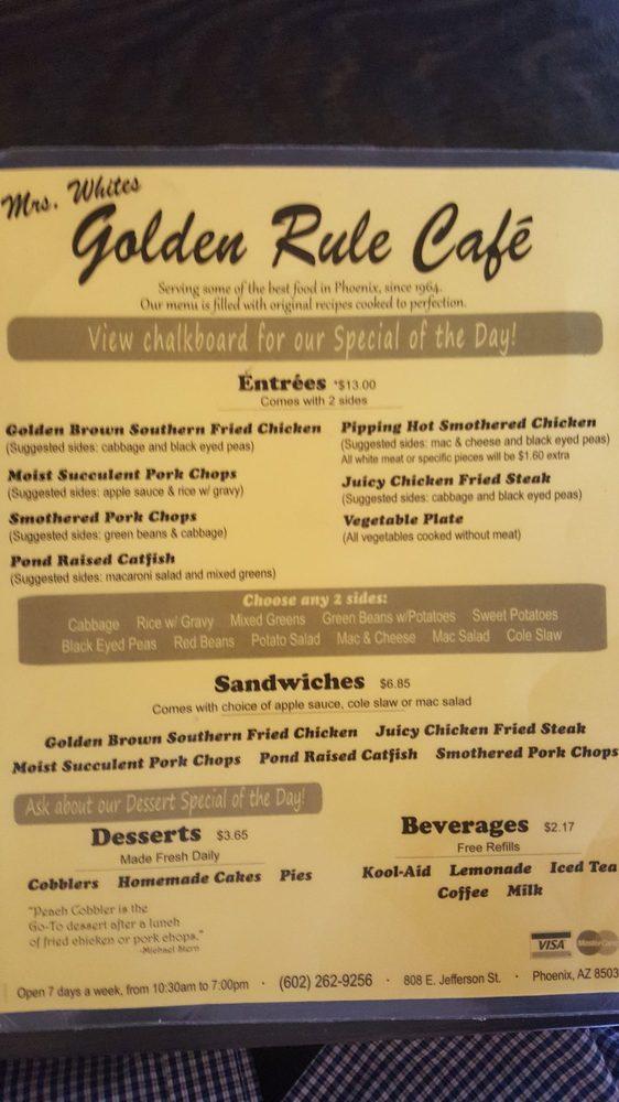 Menu at Mrs. White's Golden Rule Cafe, Phoenix