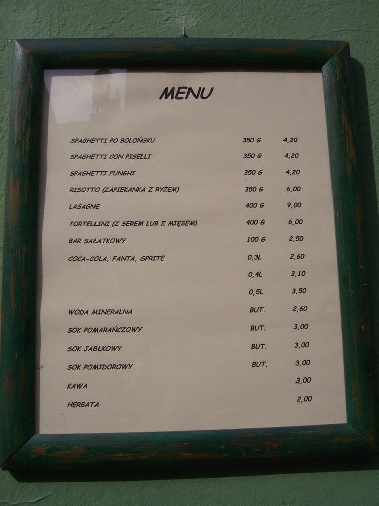 Menu at Piccolo. Spaghetti bar, Poznań, Wrocławska 8
