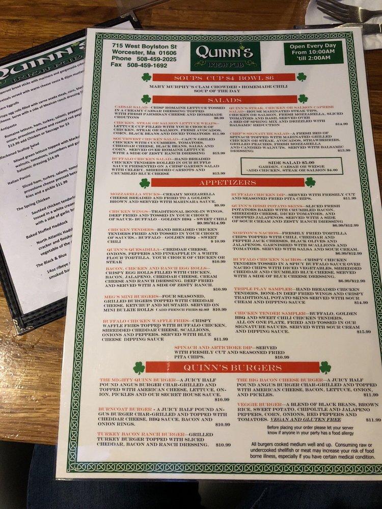 Menu at Quinn’s Irish Pub, Worcester, 715 W Boylston St