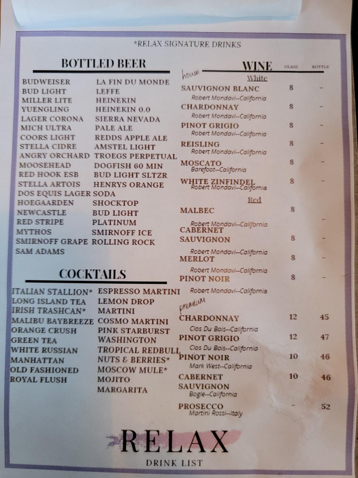 Menu at Relax Lounge pub & bar, Chambersburg