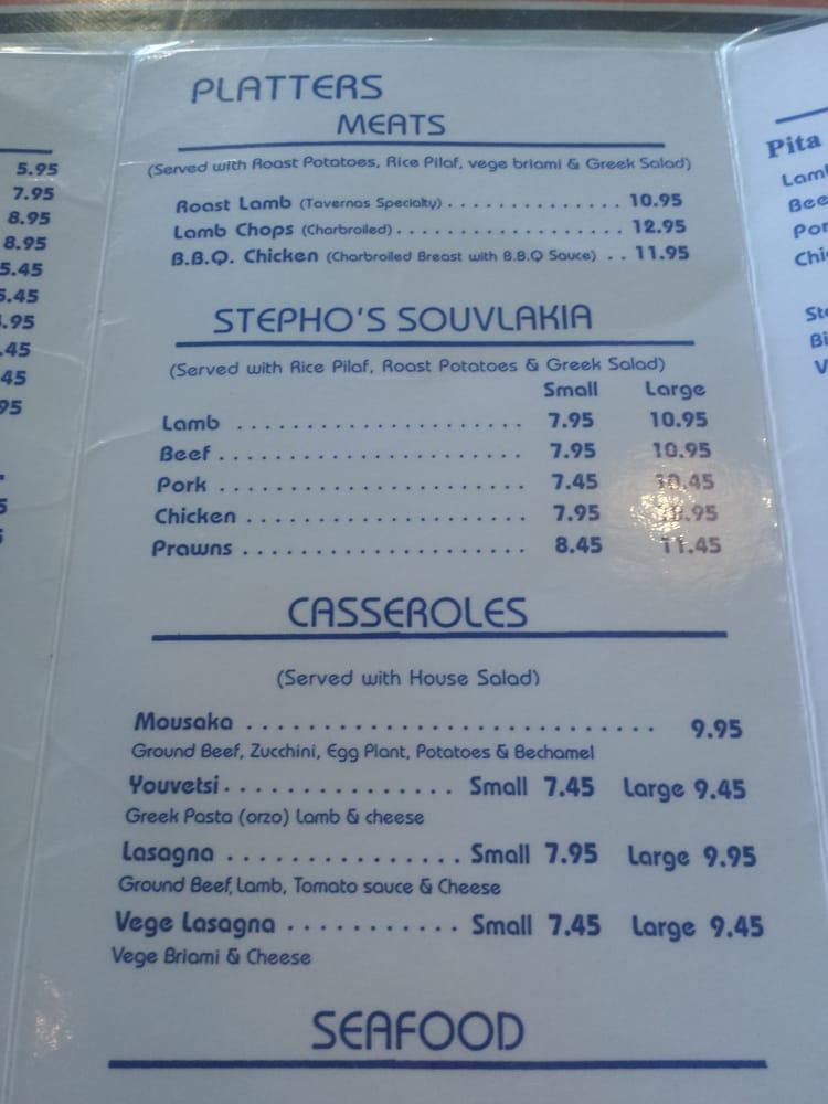 Menu at Stepho's Souvlaki Greek Taverna restaurant, Vancouver, Davie St