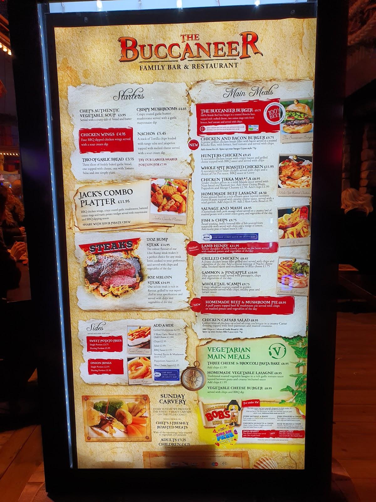 Menu at The Buccaneer restaurant, Blackpool