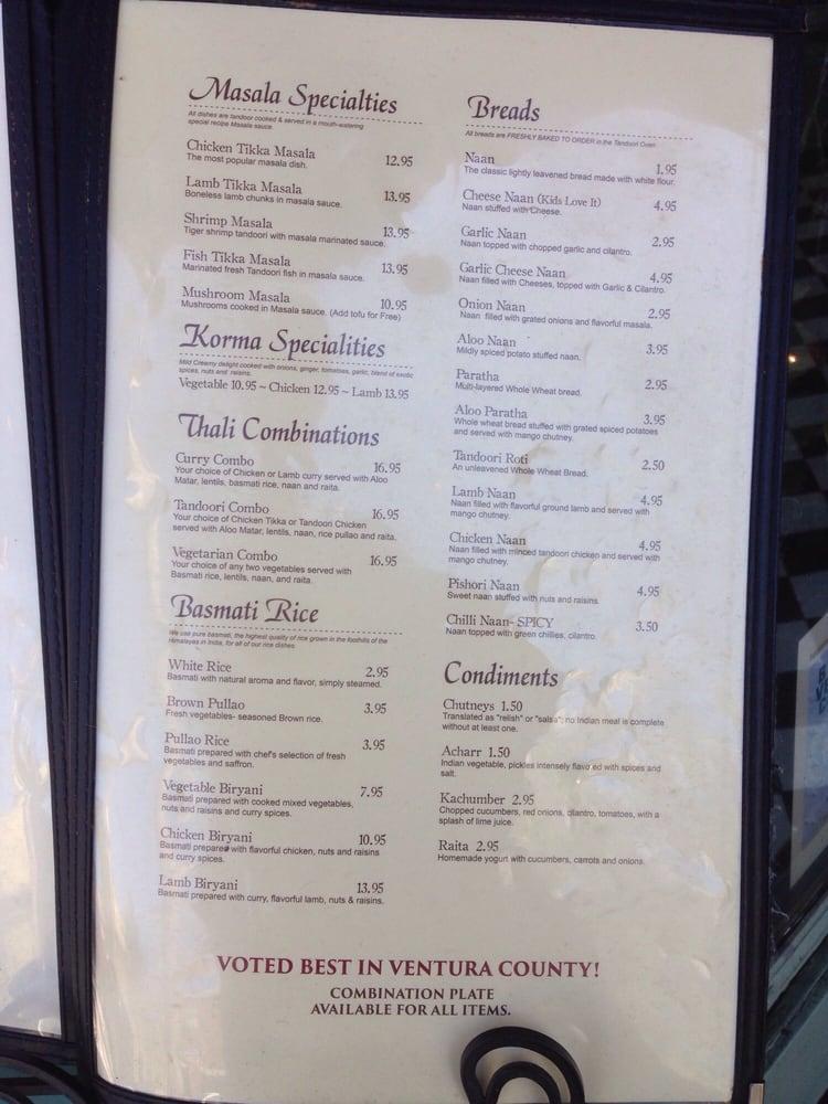 Menu at The Taj Cafe, Ventura