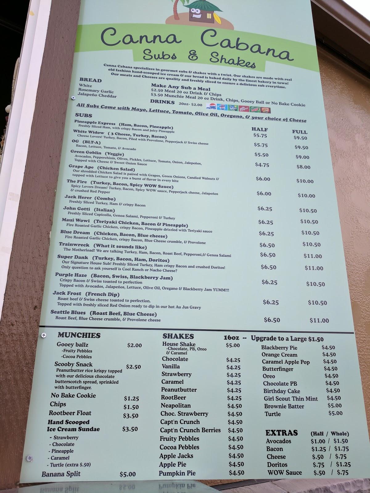 Carta del restaurante Canna Cabana Subs & Shakes, Lacey