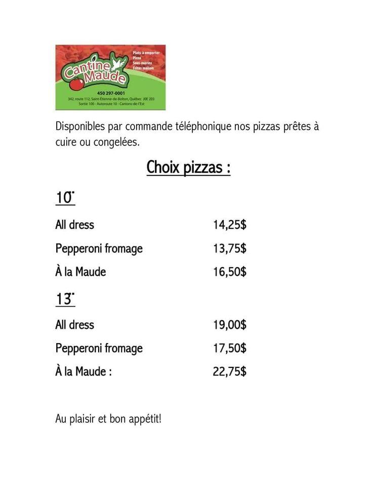 Menu at Cantine Maude pizzeria, Stukely
