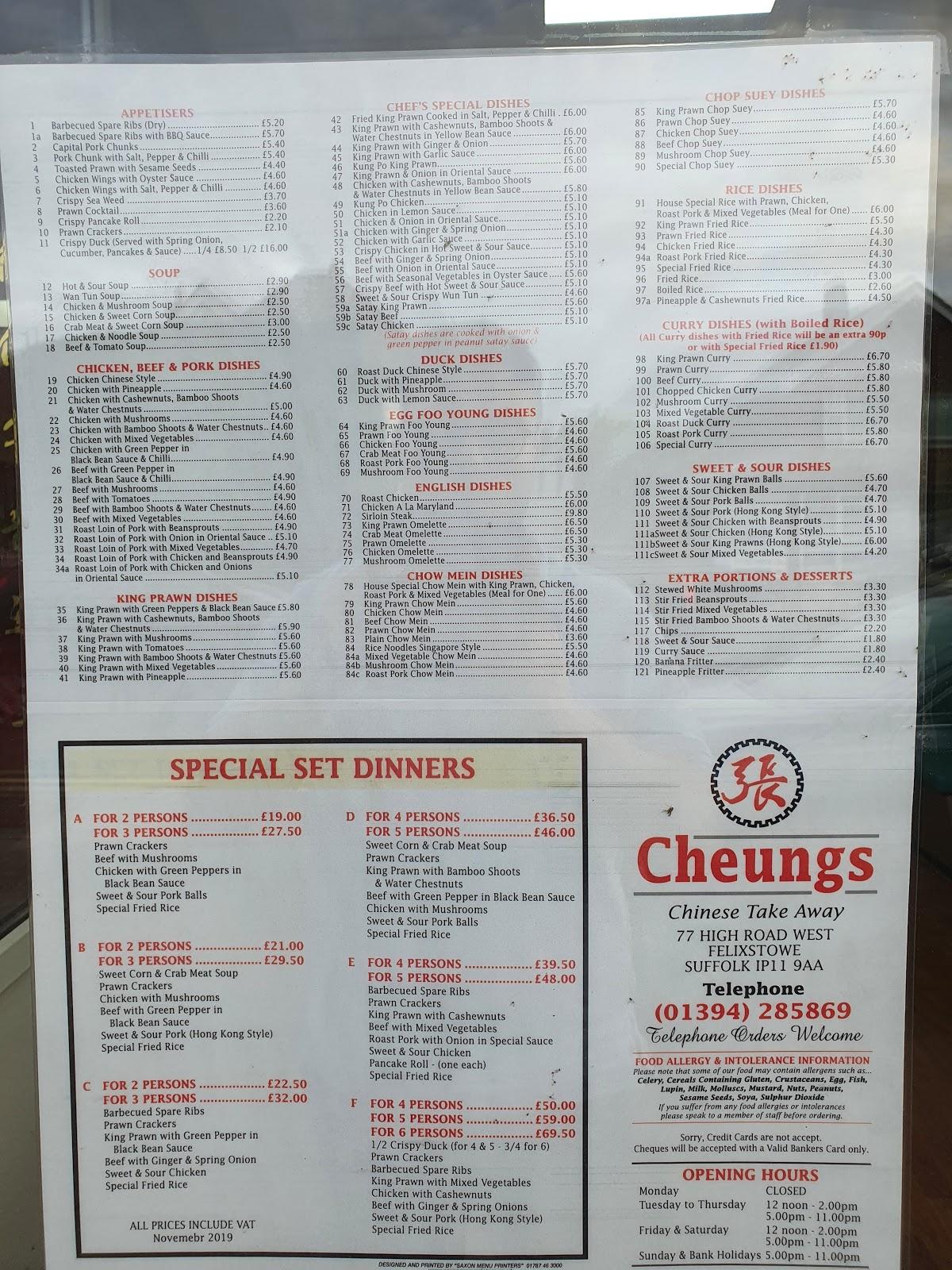 Menu at Cheungs fast food, Felixstowe