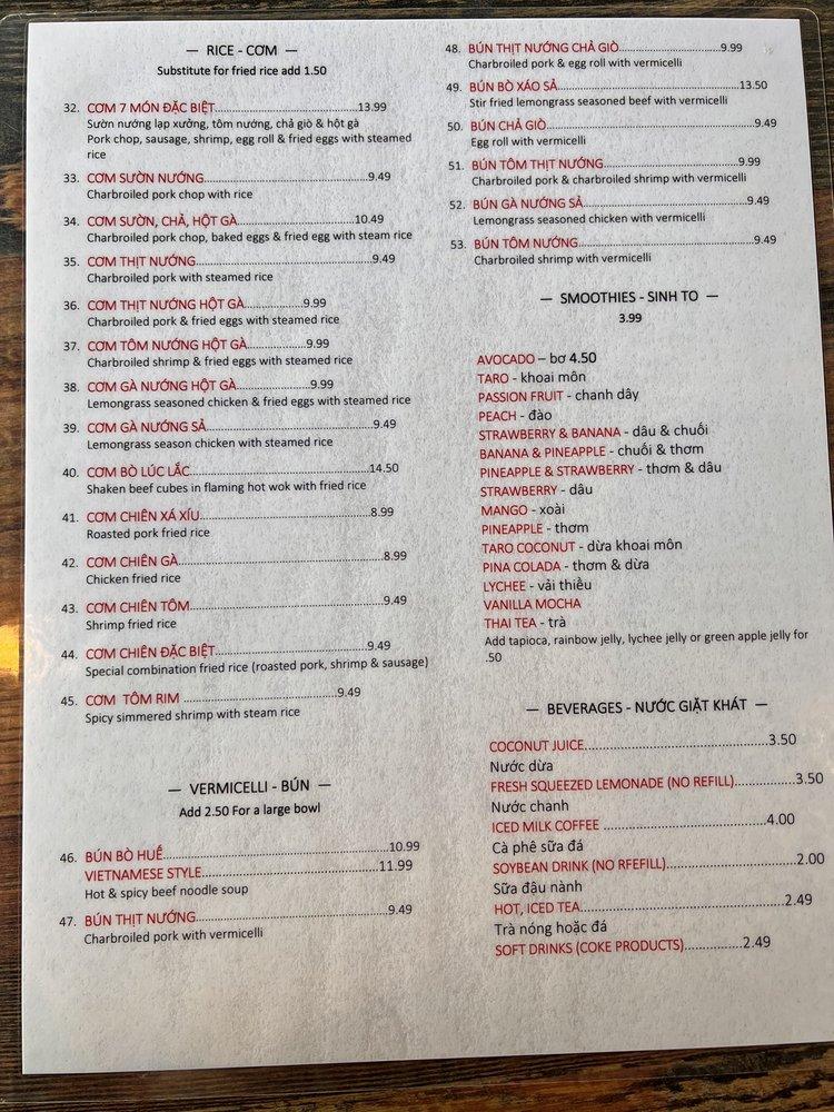 Menu at Pho Four Seasons restaurant, Beaumont, College St