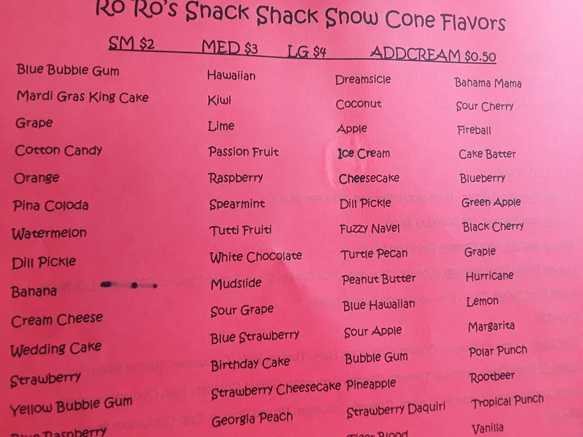 Menu at Ro Ro's Snack Shack restaurant, Farmerville