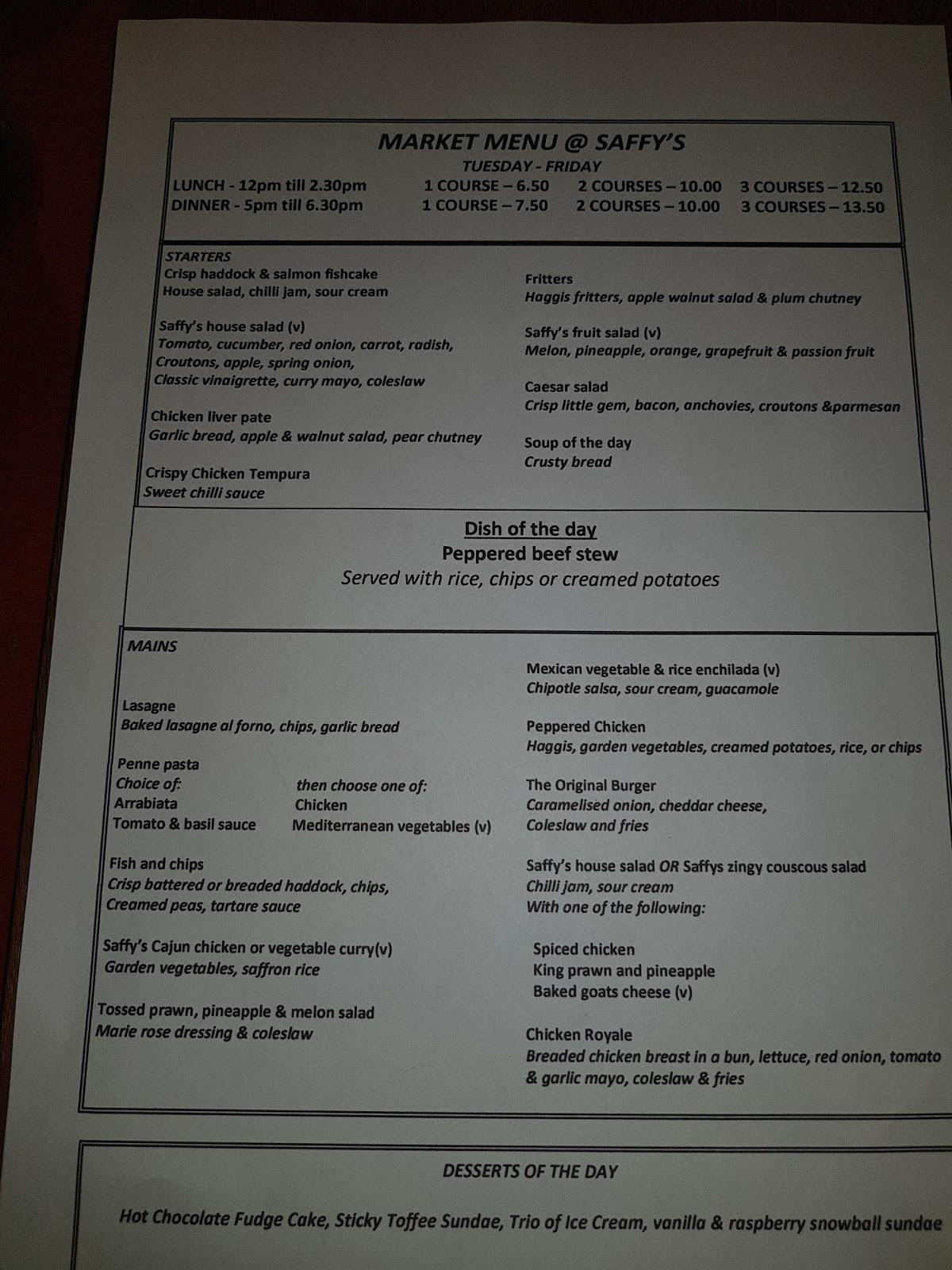 Menu at Saffy's Bistro restaurant, Ayr
