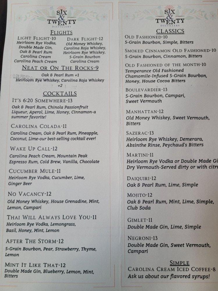 Menu at Six & Twenty Distillery pub & bar, Greenville