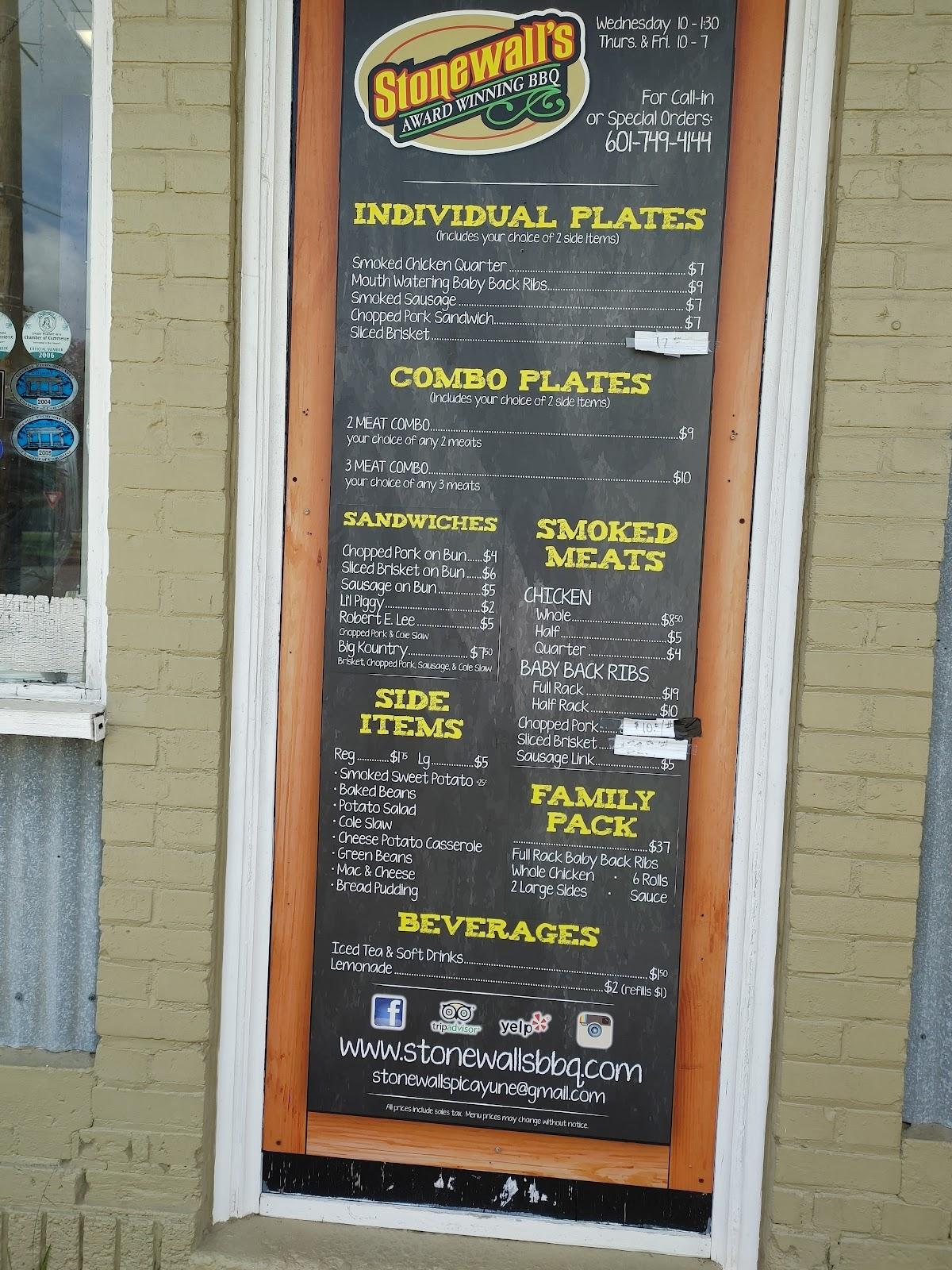 Menu at The Original Stonewall’s BBQ & Catering, Picayune
