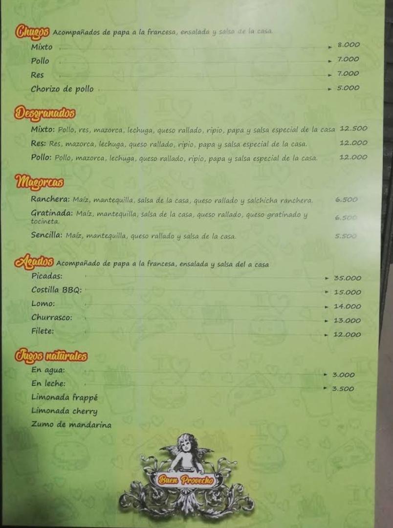 Menu at Arcángel parrilla, Popayán
