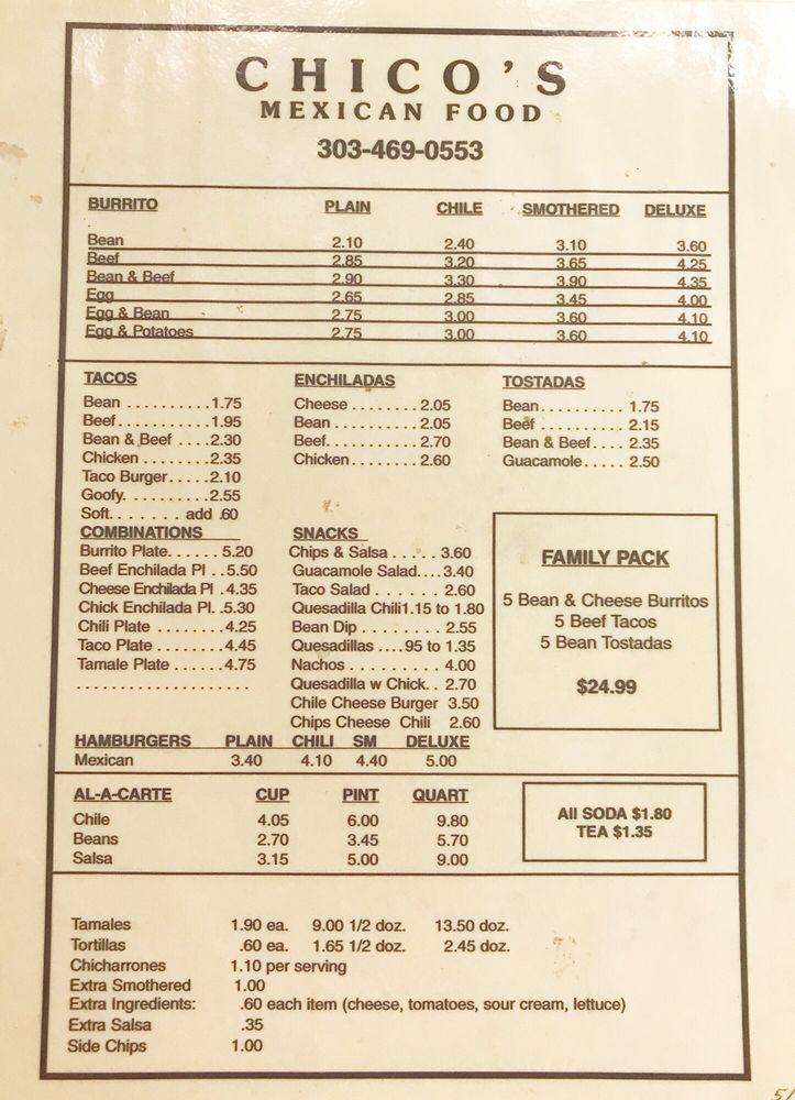 Menu at Chico's Mexican Food restaurant, Broomfield
