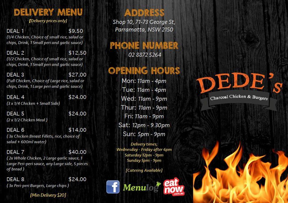 Menu at Dede's fast food, Parramatta