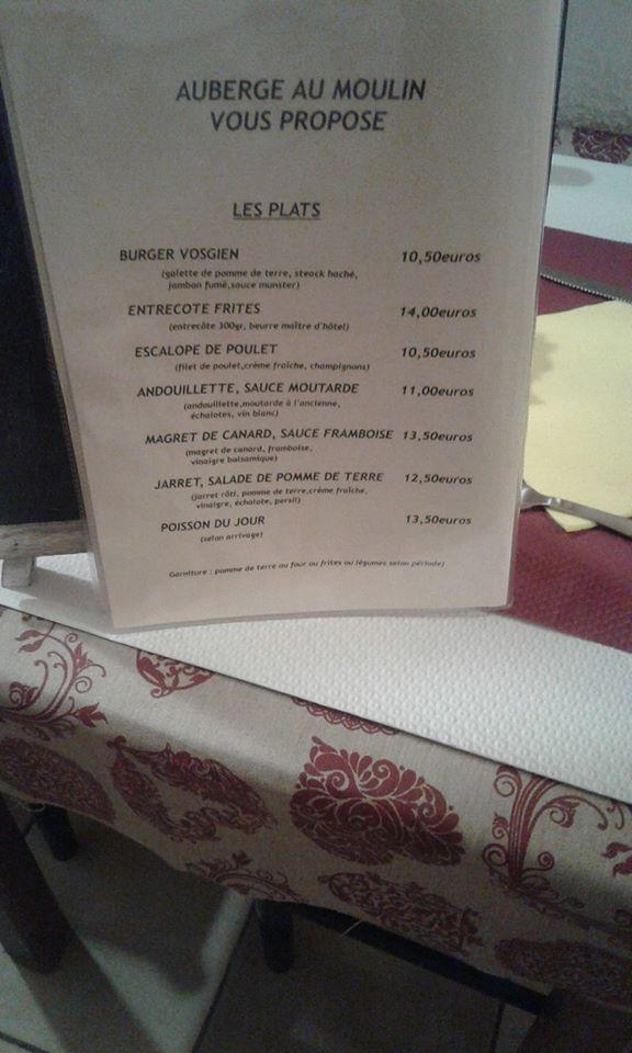 Menu at L'Auberge Au Moulin restaurant, Saulcy-sur-Meurthe
