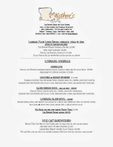 Menu at Lee Esther's Creole & Cajun Cooking restaurant, Palmdale