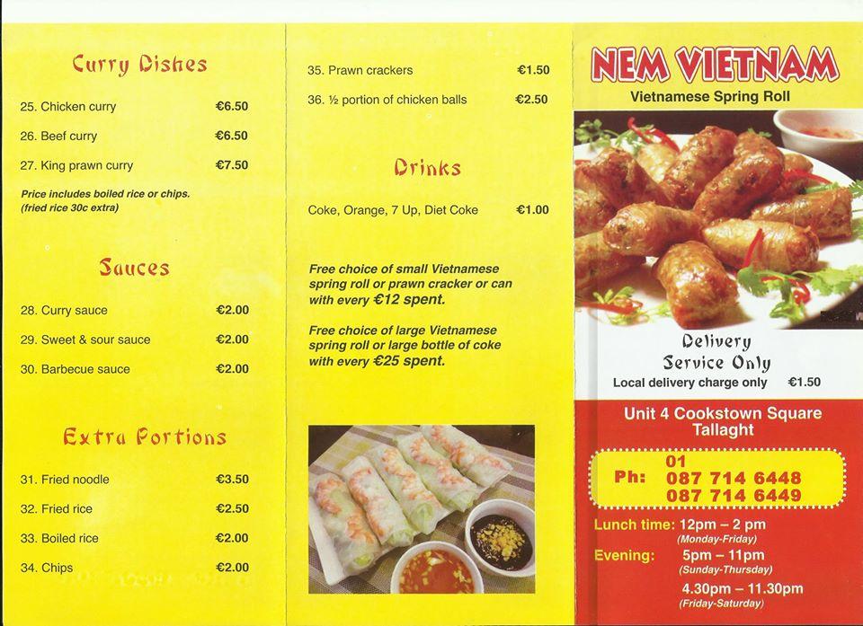 Menu at Nem Vietnam restaurant, Dublin