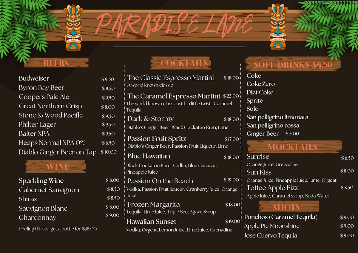 Menu at Paradise Lane restaurant, Port Douglas