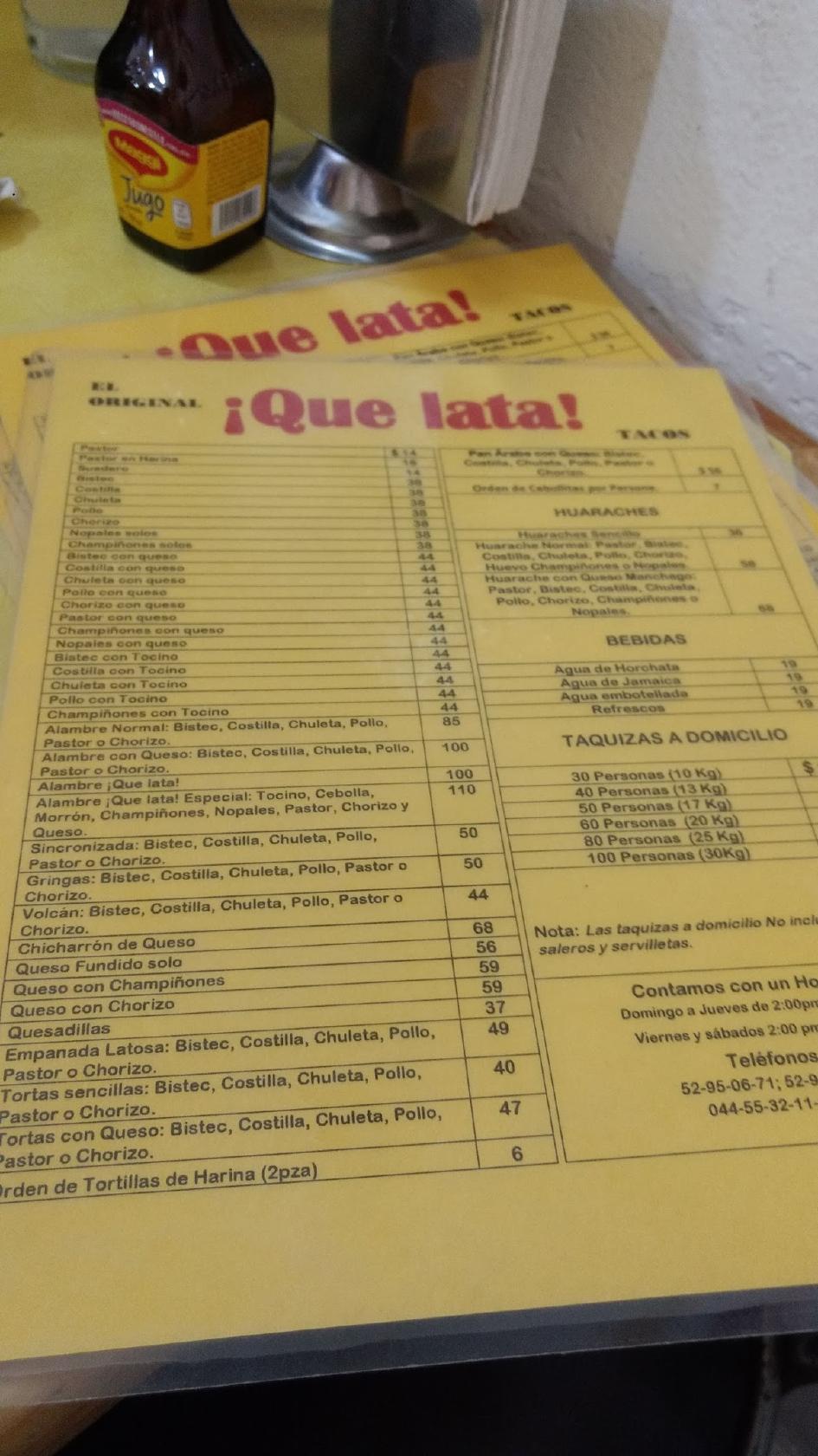 Menu at Que Lata restaurant, Naucalpan