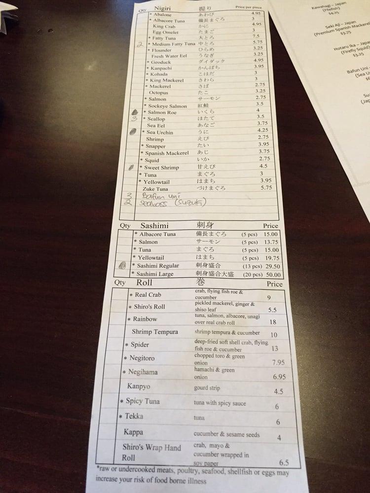 Menu at Shiro's Sushi restaurant, Seattle