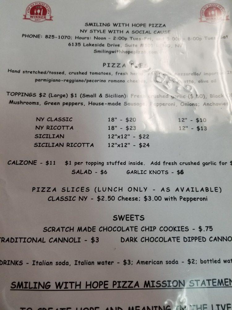 Menu at Smiling with Hope Pizza pizzeria, Reno