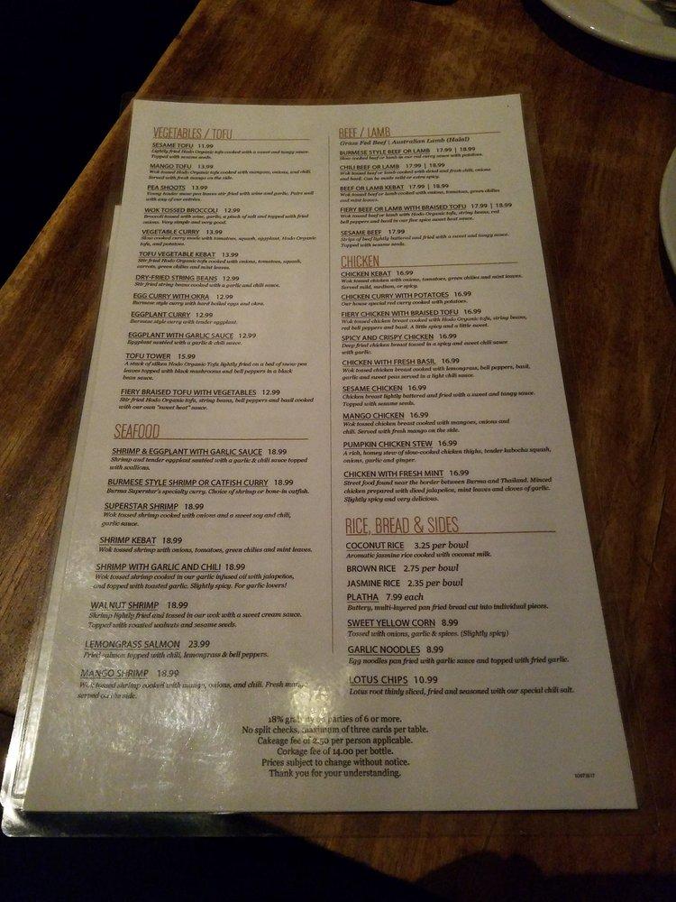 Menu at Burma Superstar restaurant, Alameda