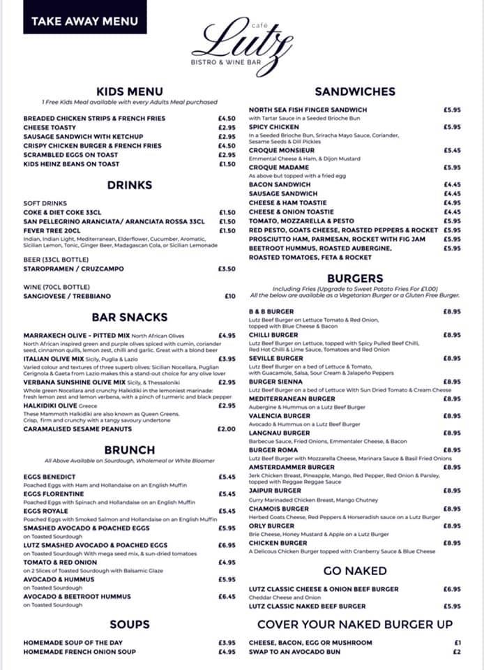 Menu at Café Lutz cafe, Newcastle upon Tyne