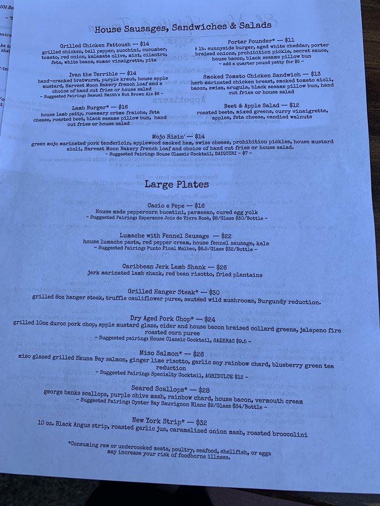 Menu at El Moro Spirits and Tavern restaurant, Durango
