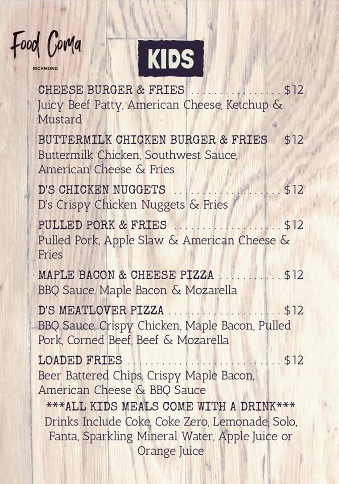 Menu at Food Coma restaurant, Richmond