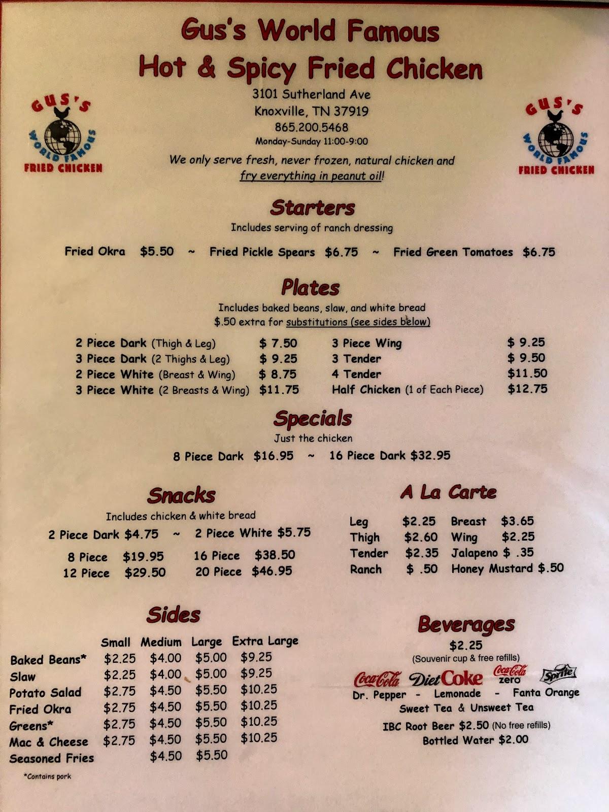 Menu at Gus's World Famous Fried Chicken restaurant, Knoxville