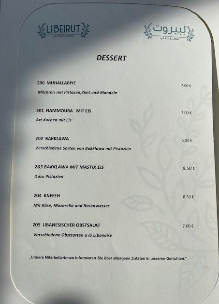 Menu at Li Beirut restaurant, Düsseldorf
