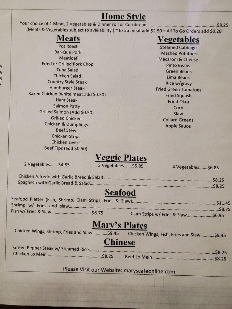 Menu at Mary's Cafe, Rock Hill