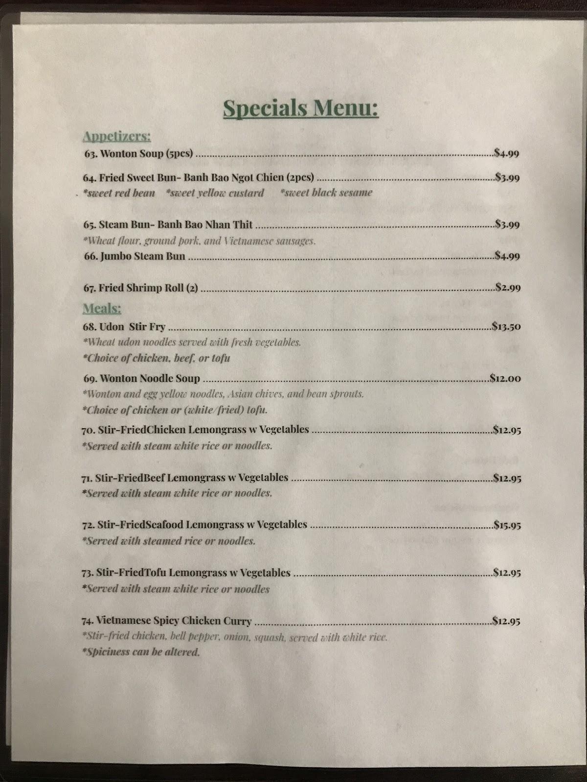 Menu at Saigon Kitchen restaurant, Burlington